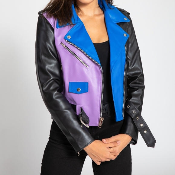 Jackets & Coats | Women Blockprint Faux Leather Jacket Purpleblue ...